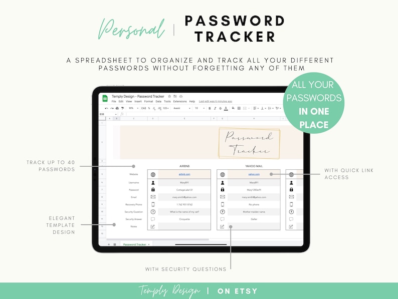 Password Tracker Spreadsheet Password Managers Login Info - Etsy
