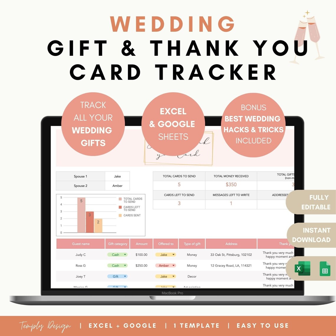 Wedding Gift and Thank You Card Tracker, Wedding Registry, DIY Wedding ...