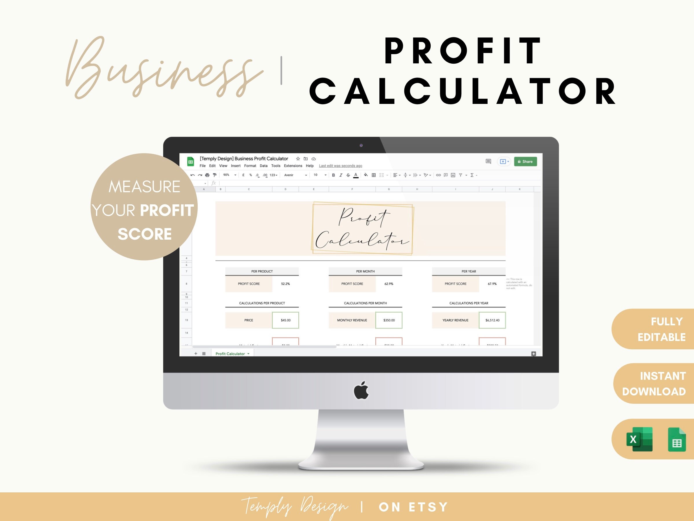 Profit Calculator Spreadsheet, Business Net Margin and Profit Score ...