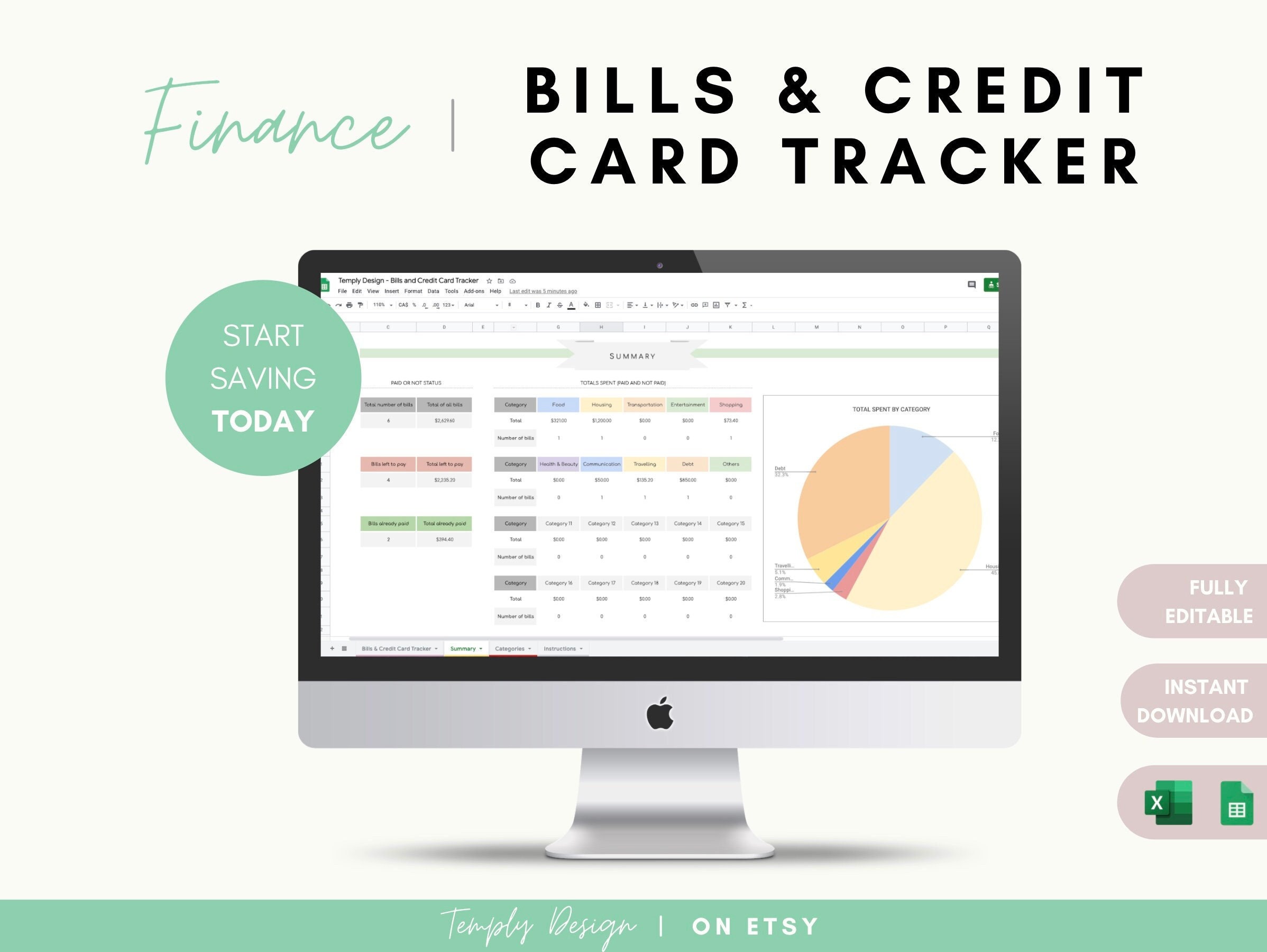 Bills and Credit Card Tracker, Excel and Google Spreadsheets Finance ...