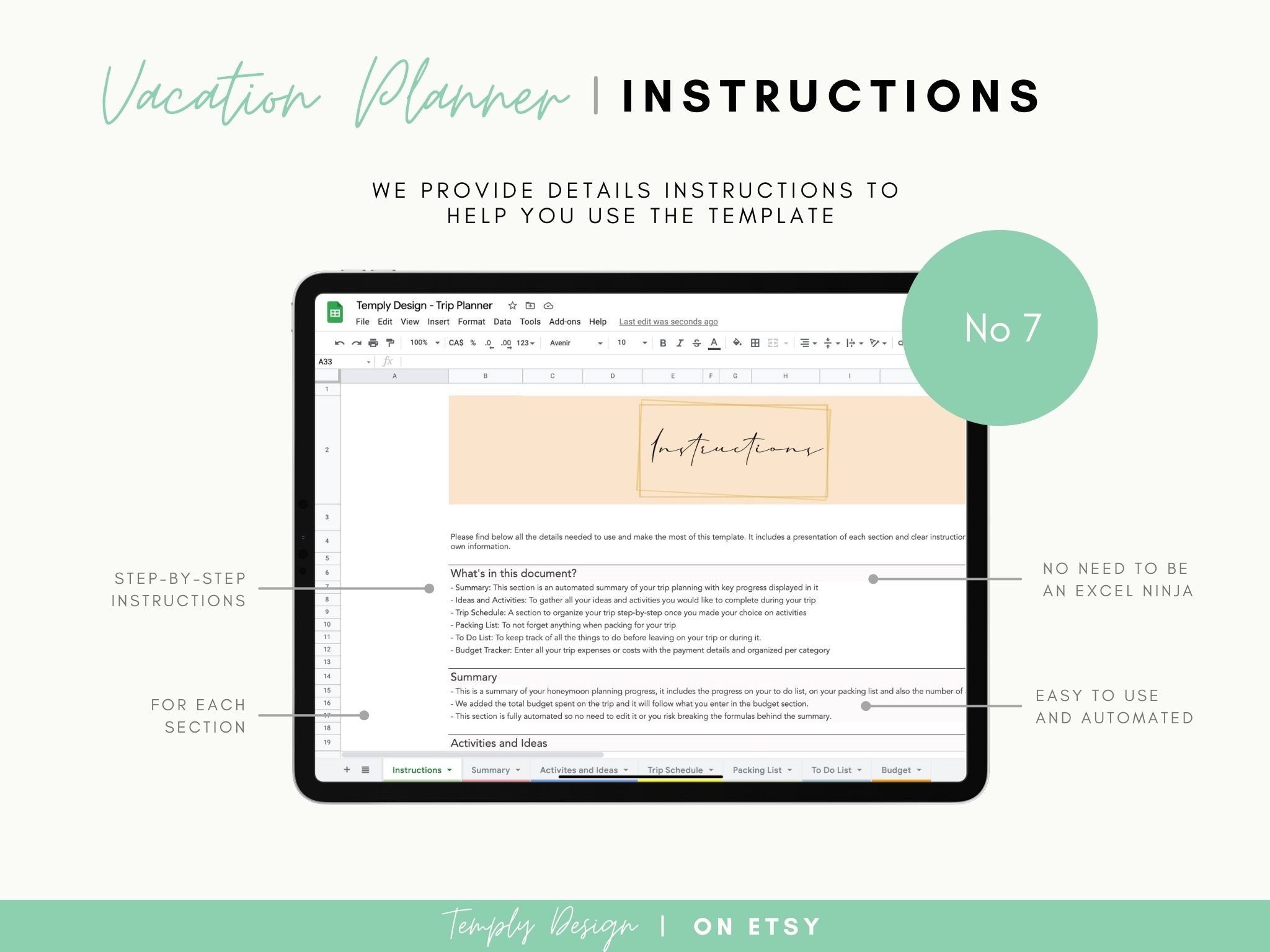 Vacation Planner, Excel and Google Spreadsheets, 6 Templates, Packing ...