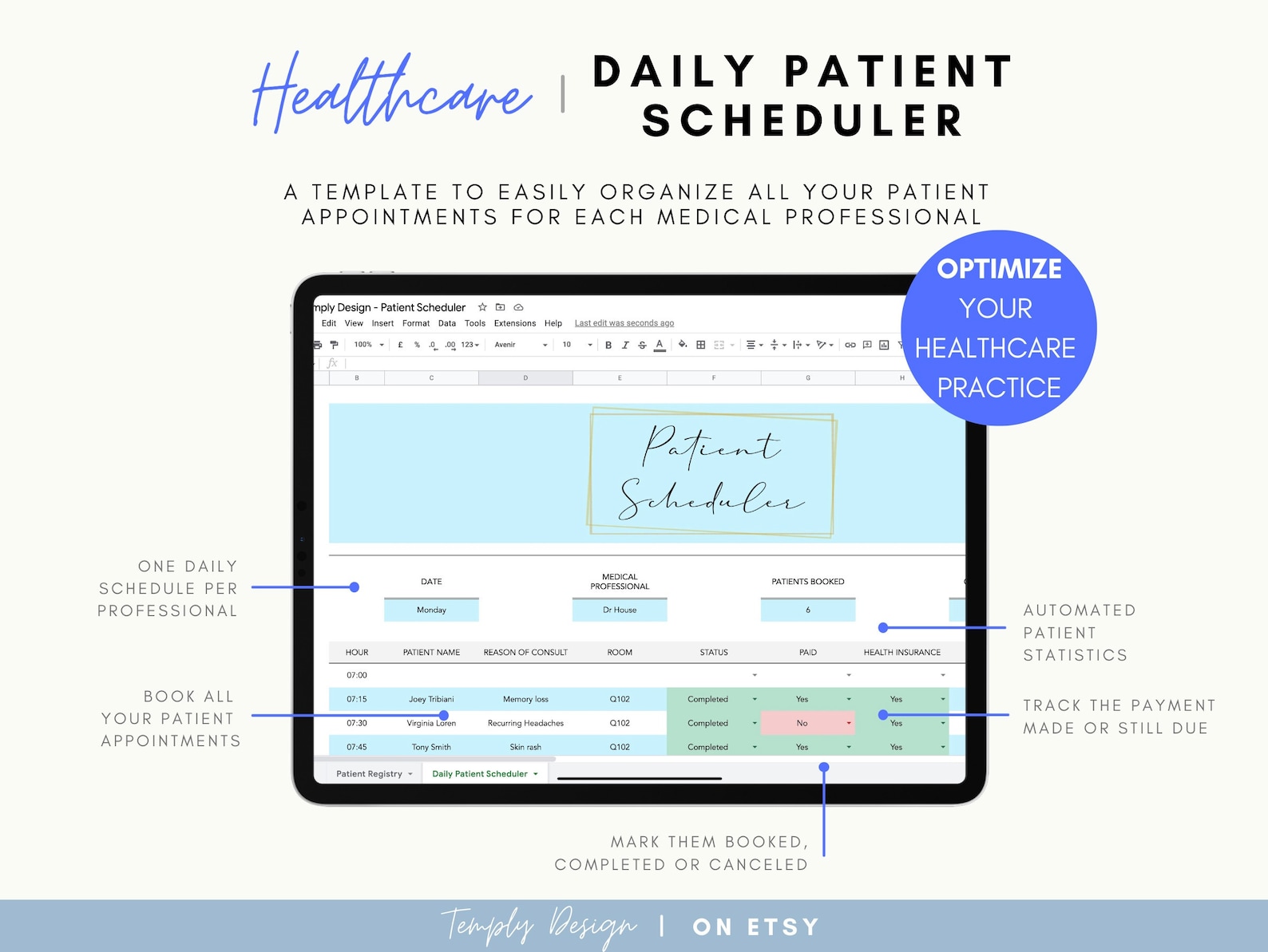 Patient Scheduler Template, Excel and Google Spreadsheet, Medical ...