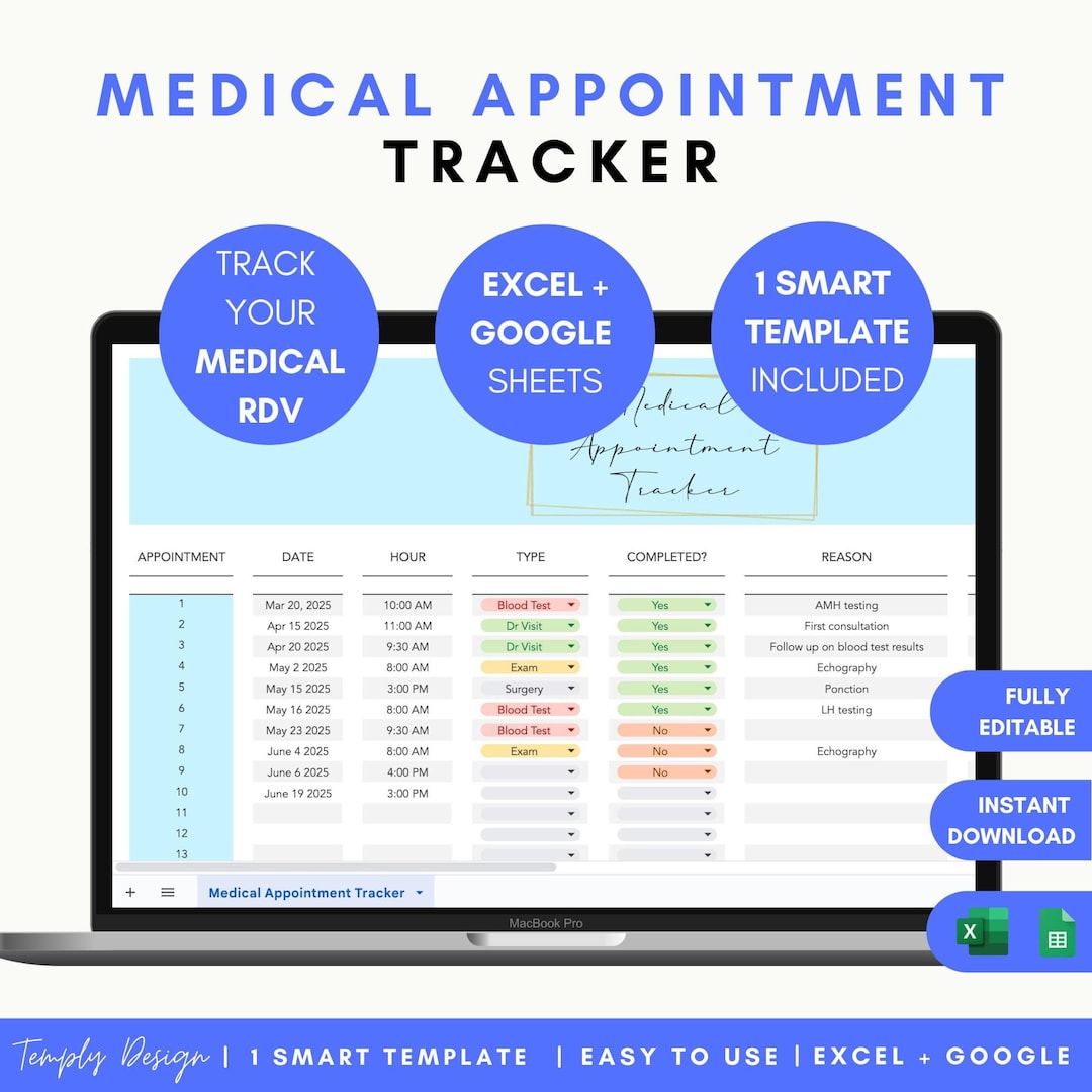 Medical Appointment Tracker, Excel and Google Spreadsheet, Personal ...