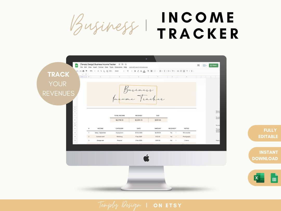 Business Income Tracker, Excel and Google Spreadsheet, Earning ...