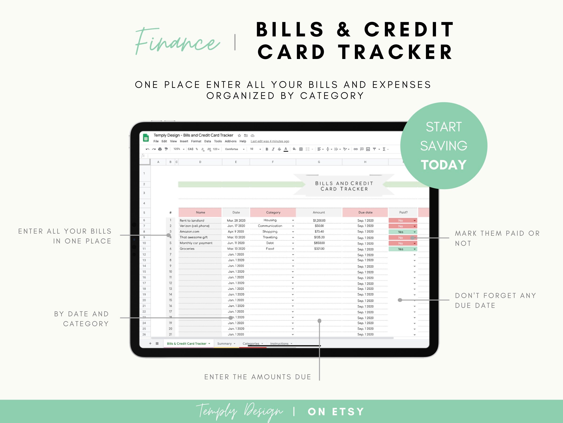 Bills and Credit Card Tracker, Excel and Google Spreadsheets Finance ...