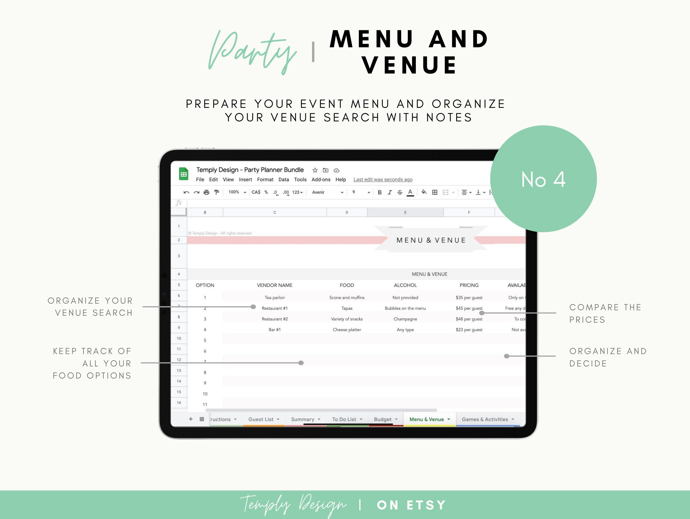 Party Planner Bundle, Excel and Google Spreadsheets, for Events ...