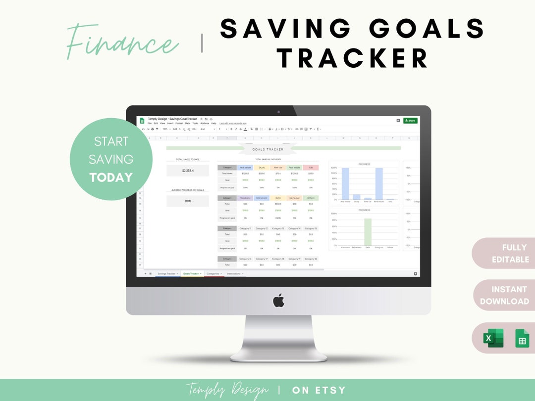 Saving Goals Tracker, Excel and Google Spreadsheet, Budget Planner ...