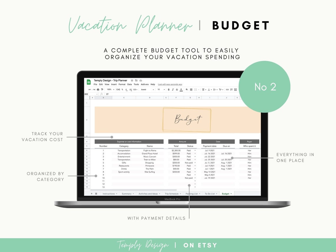 Vacation Planner, Excel and Google Spreadsheets, 6 Templates, Packing ...
