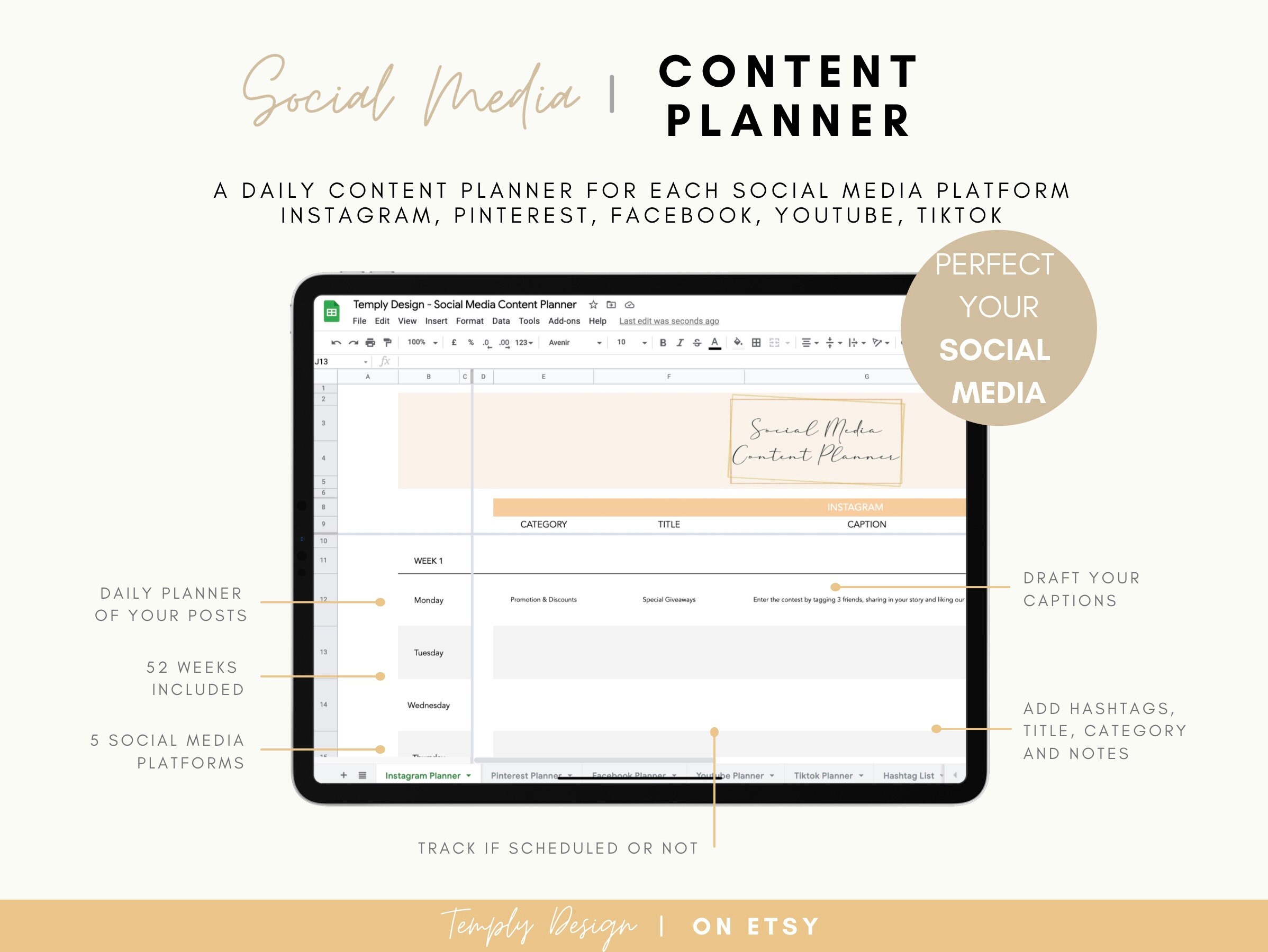 Social Media Content Planner, Excel and Google Spreadsheets, Instagram ...