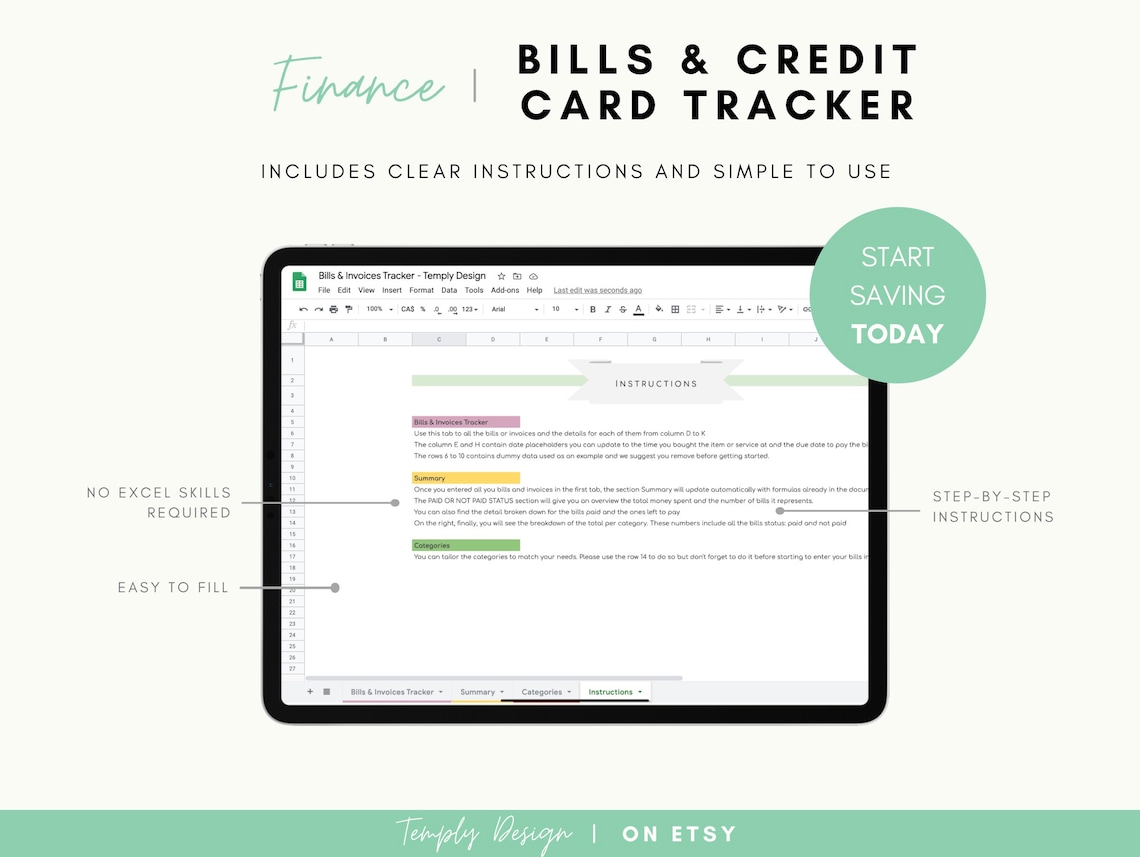 Bills and Credit Card Tracker, Excel and Google Spreadsheets Finance ...