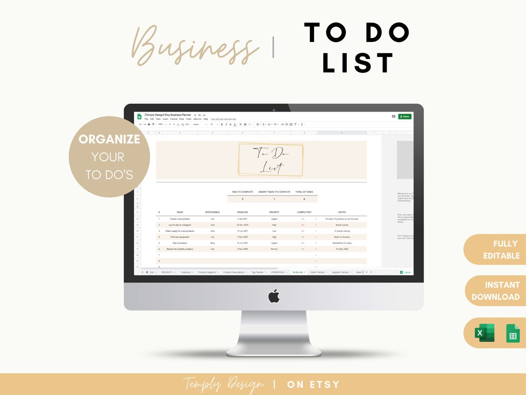 Business to Do List, Tasks Tracker, Business Spreadsheet, Excel and ...
