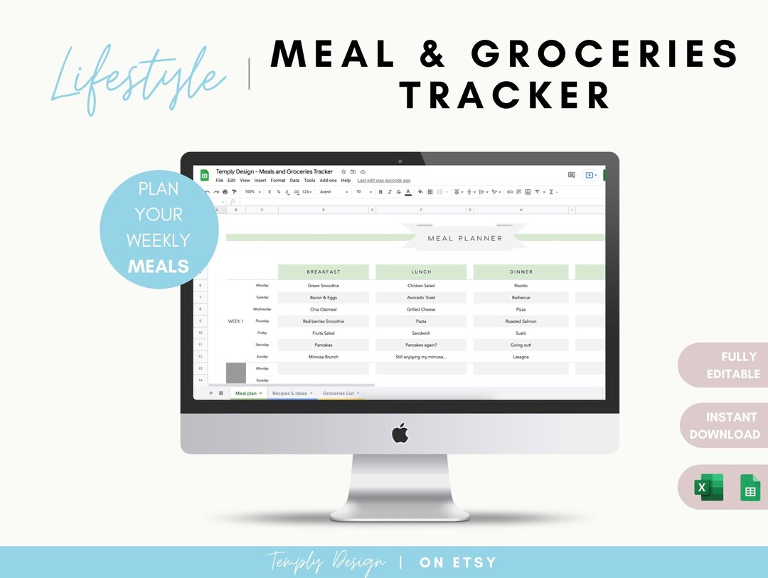 Meals and Groceries Planner, Excel Spreadsheet, Weekly Meals Tracker ...