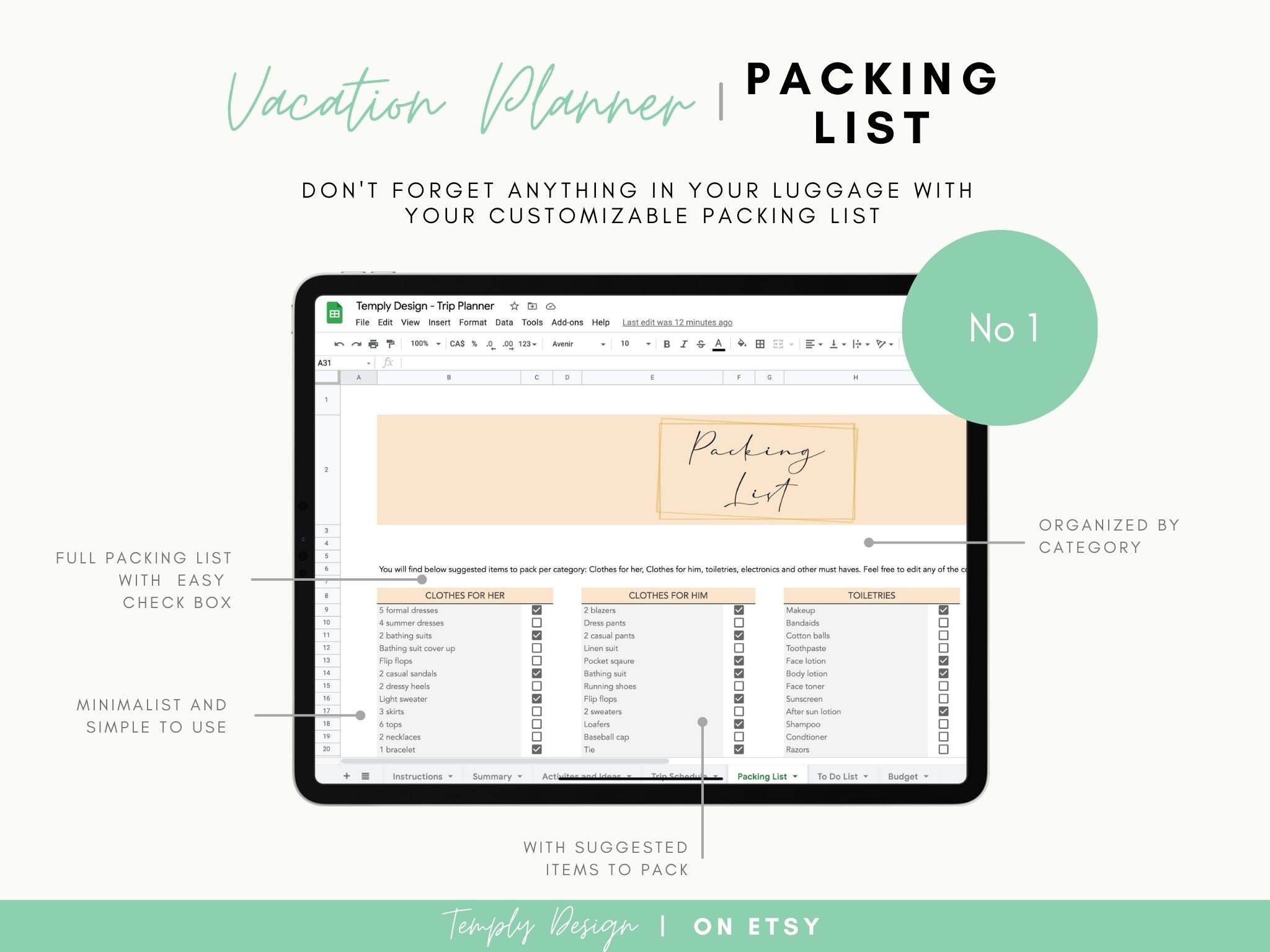 Vacation Planner, Excel and Google Spreadsheets, 6 Templates, Packing ...