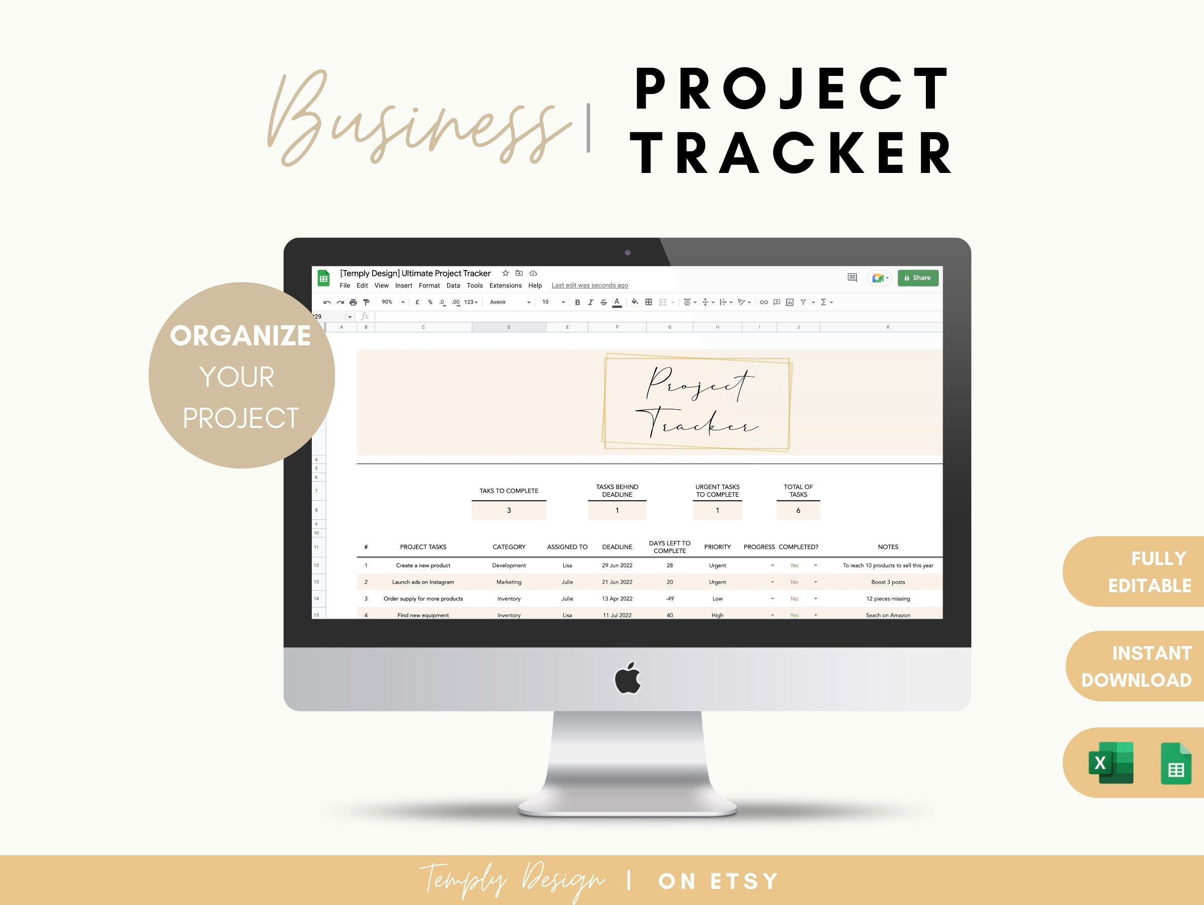 Project Tracker Template, Excel and Google Spreadsheet, Project ...