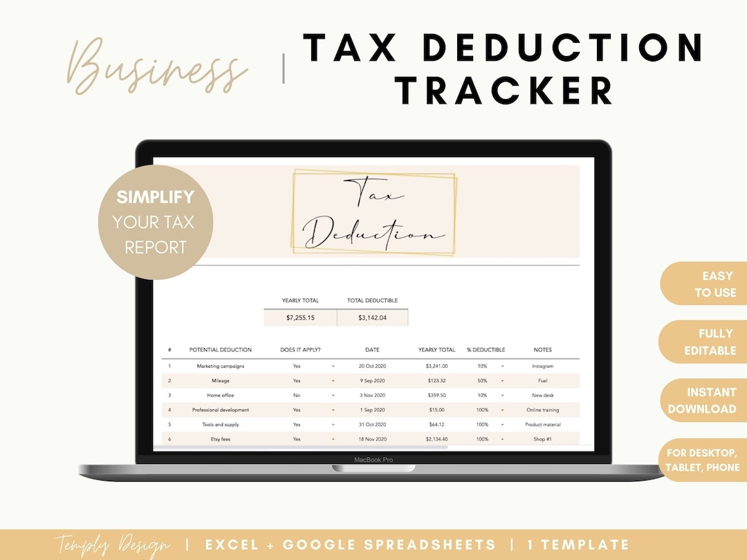 Business Tax Deduction Tracker, Excel and Google Spreadsheets, 2023 Tax ...