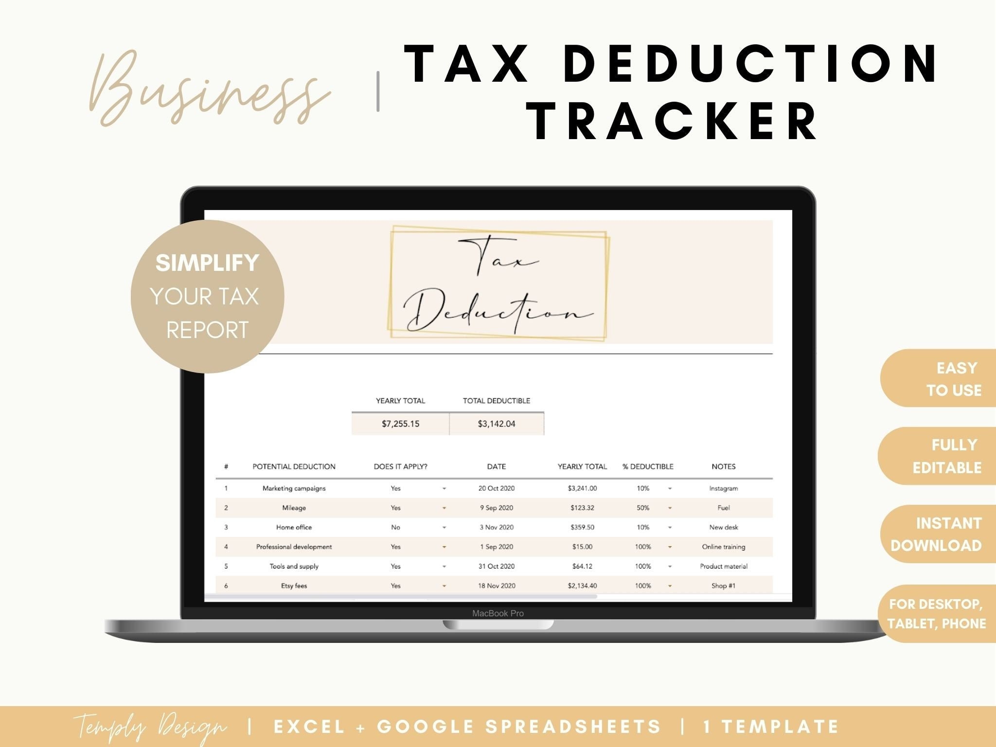 Business Tax Deduction Tracker Excel and Google Spreadsheets - Etsy