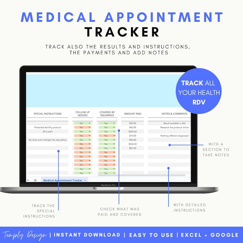 Medical Appointment Tracker, Excel and Google Spreadsheet, Personal ...