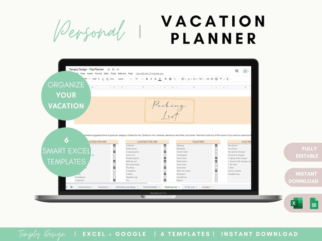 Vacation Planner, Excel and Google Spreadsheets, 6 Templates, Packing ...