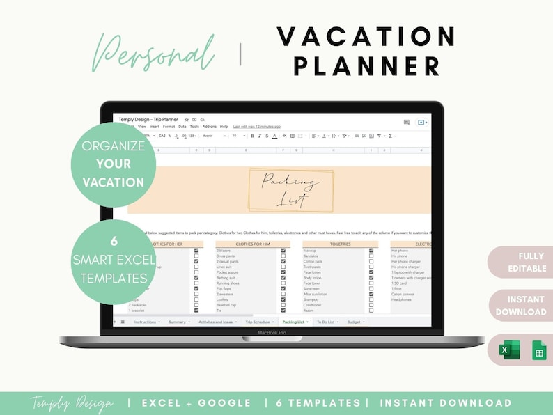 Vacation Planner, Excel and Google Spreadsheets, 6 Templates, Packing ...