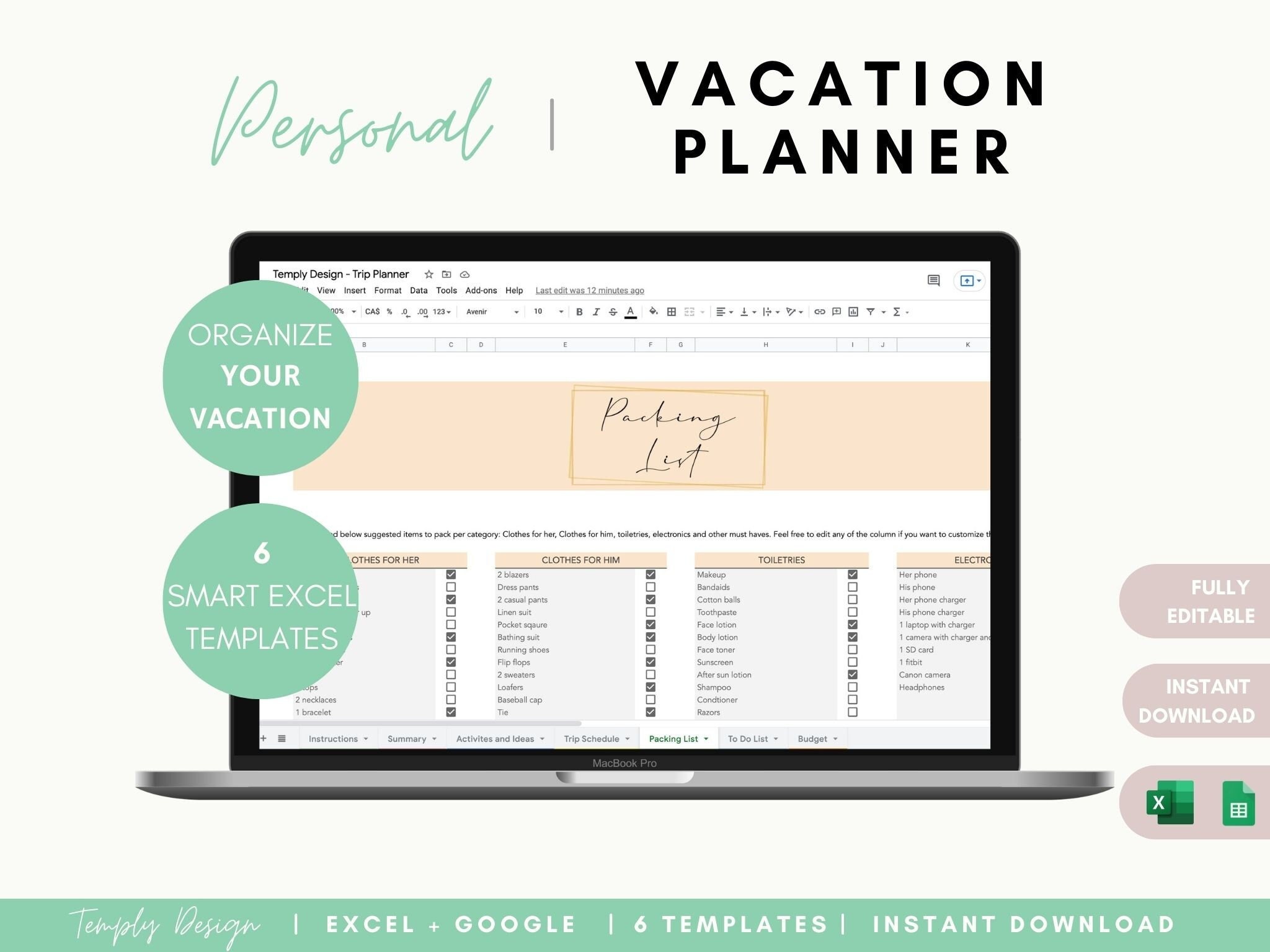 Vacation Planner, Excel and Google Spreadsheets, 6 Templates, Packing ...