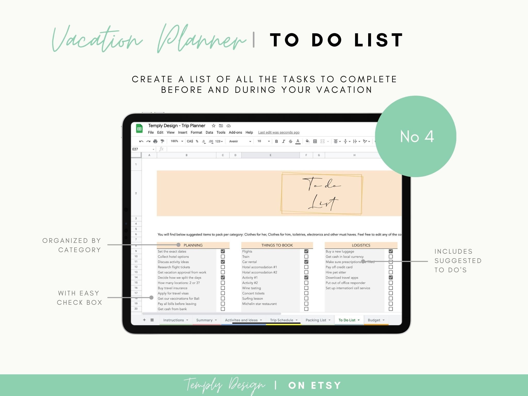 Vacation Planner, Excel and Google Spreadsheets, 6 Templates, Packing ...