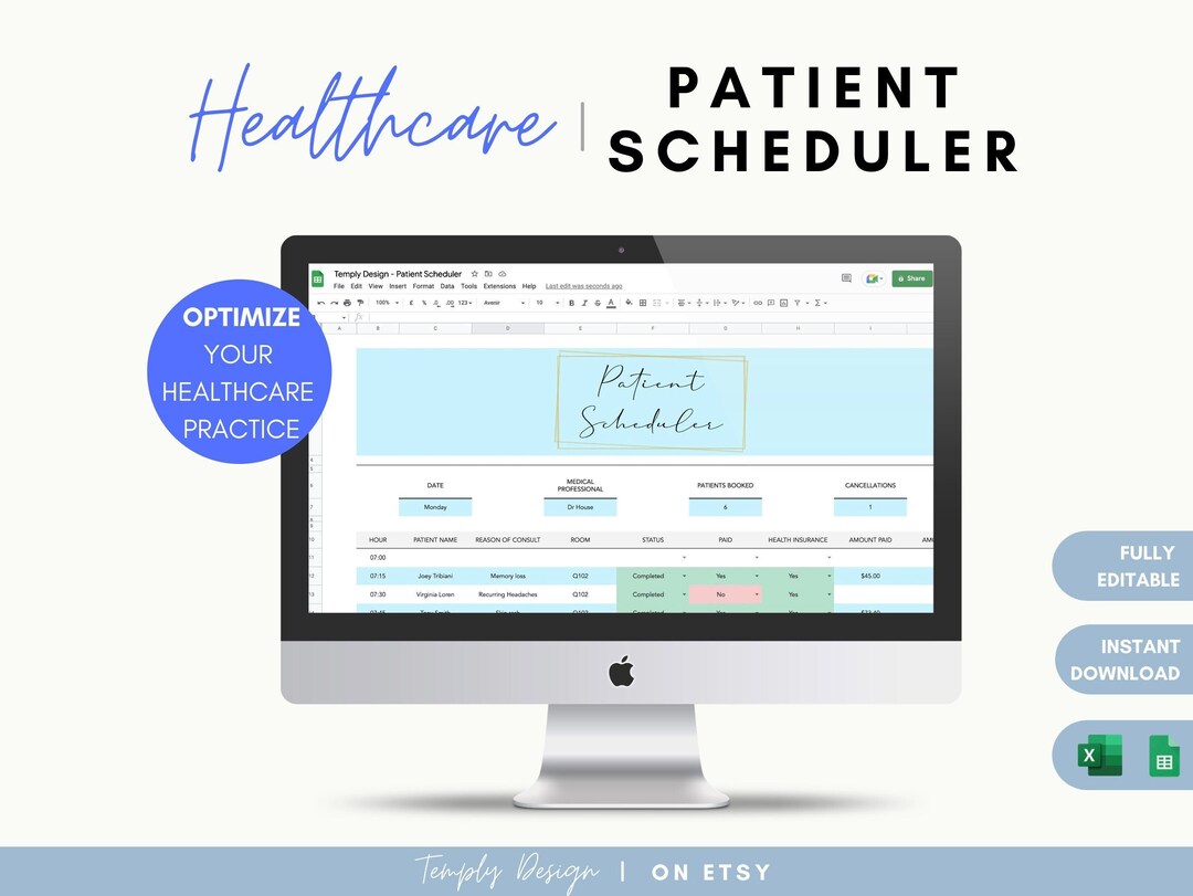 Patient Scheduler Template, Excel and Google Spreadsheet, Medical ...