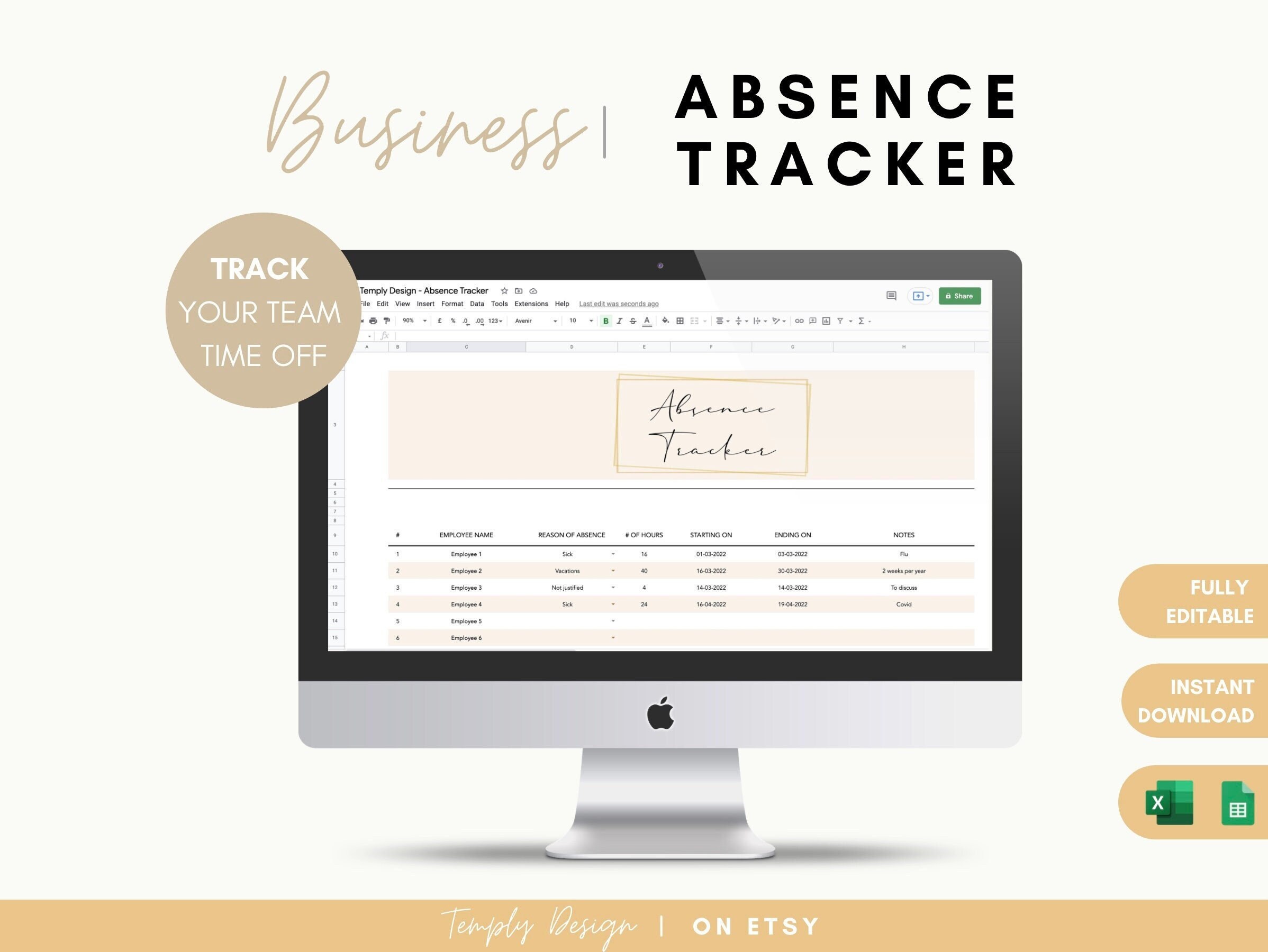 Absence Tracker Excel and Google Spreadsheet, Employee and Staff Time ...