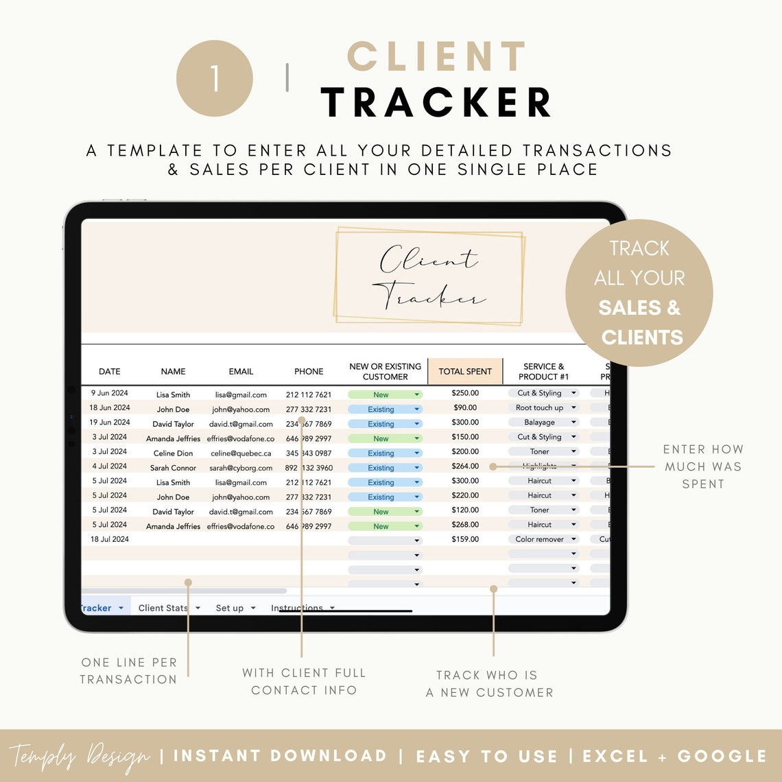 Hair Salon Client Tracker Template, Excel & Google Sheet, Client ...