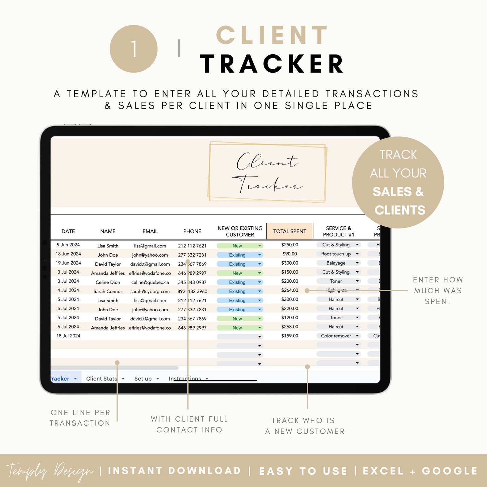 Hair Salon Client Tracker Template, Excel & Google Spreadsheets, Client ...
