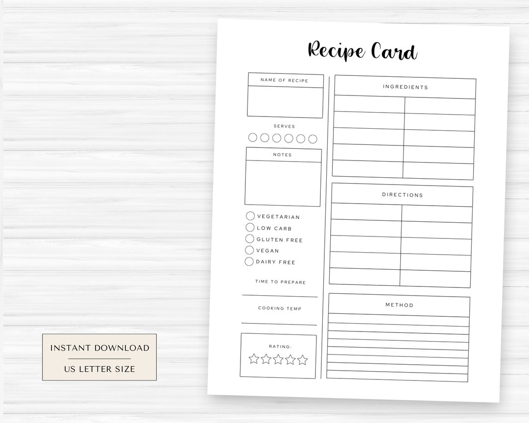 Recipe Card Printable, Recipe Sheet Printable, Printable Recipe Page ...