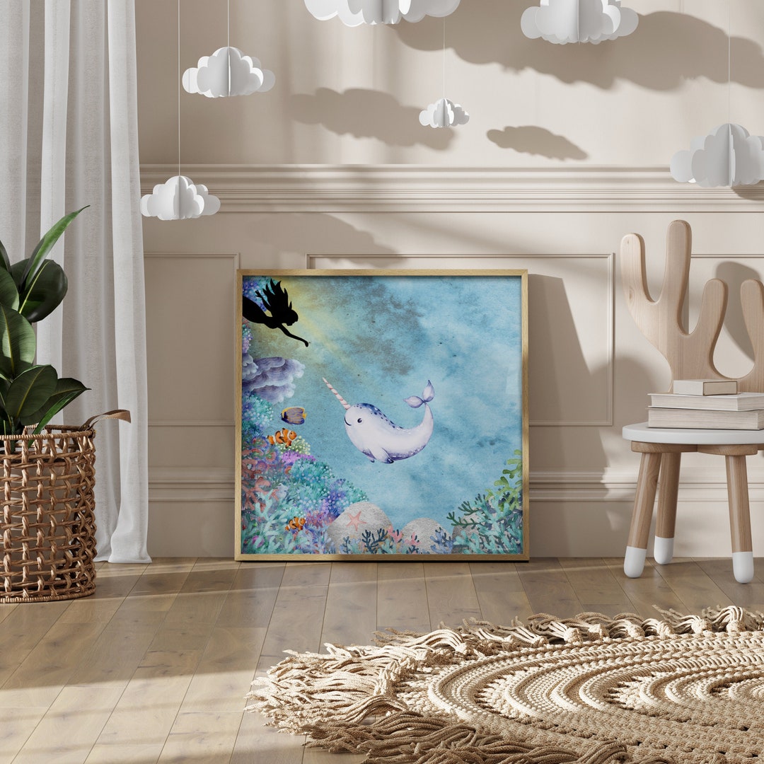 Narwhal Wall Art Kids Ocean Decor Underwater Ocean Decor Mermaid Home ...