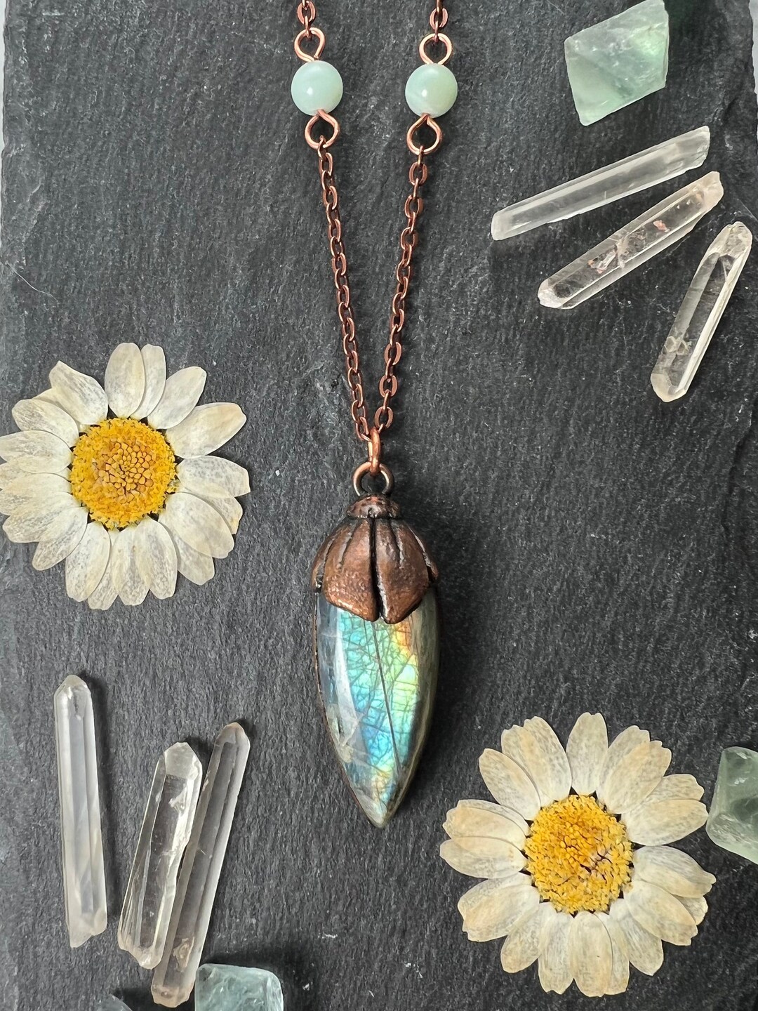 Rainbow Daisy Electroformed Copper Labradorite Pendant With Amazonite ...