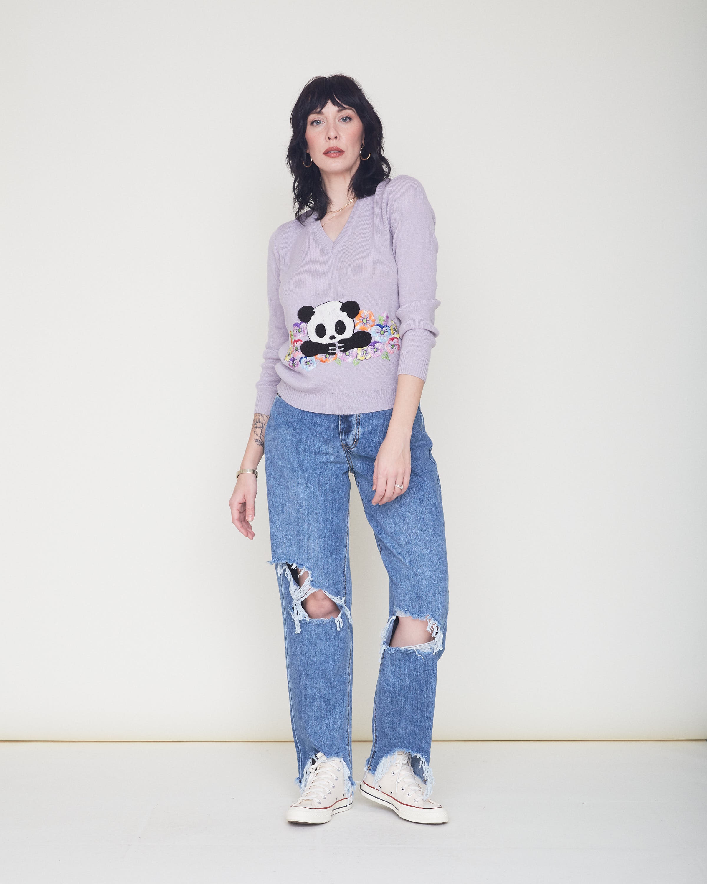 Vintage 70s Lavender V-neck Panda Pullover / Long Sleeve Embroidered ...