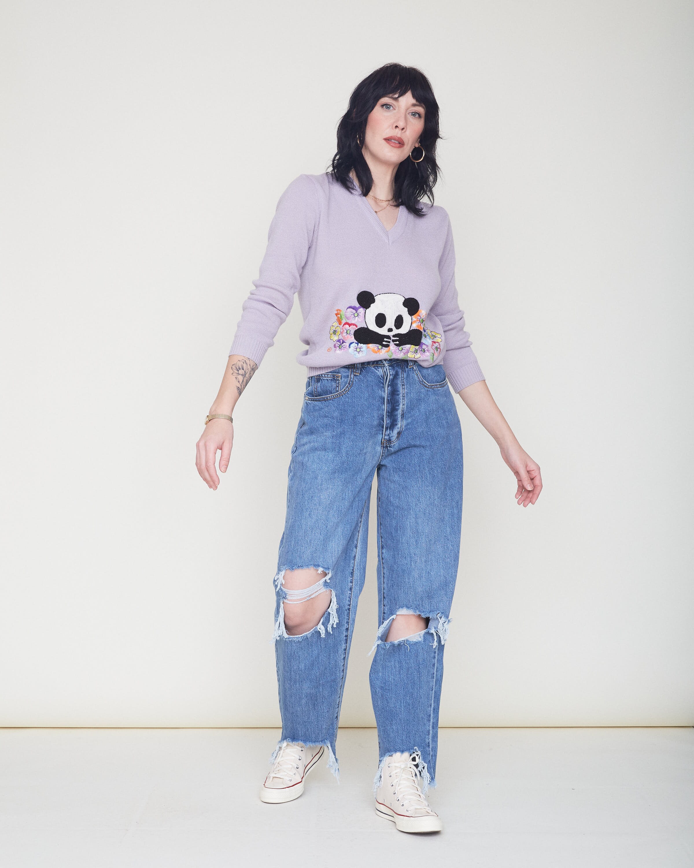 Vintage 70s Lavender V-neck Panda Pullover / Long Sleeve Embroidered ...
