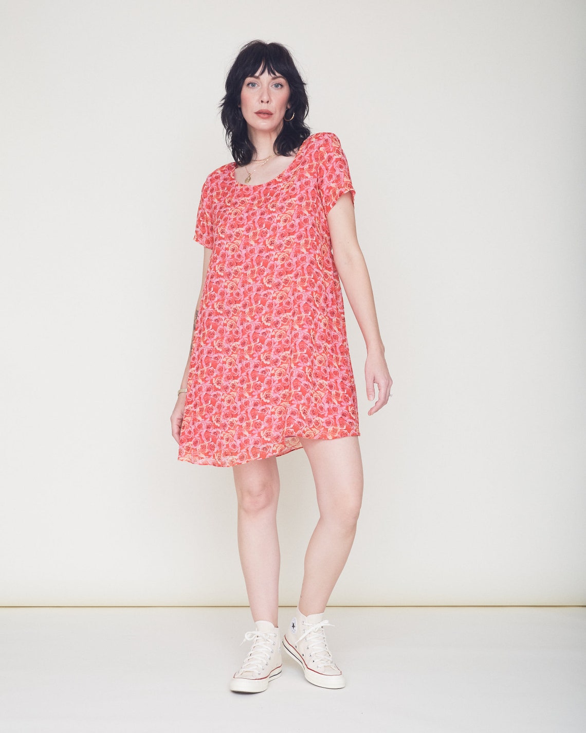 Vintage 90s Silk Chiffon Maternity Shift Dress / Pink Rose Print Short ...