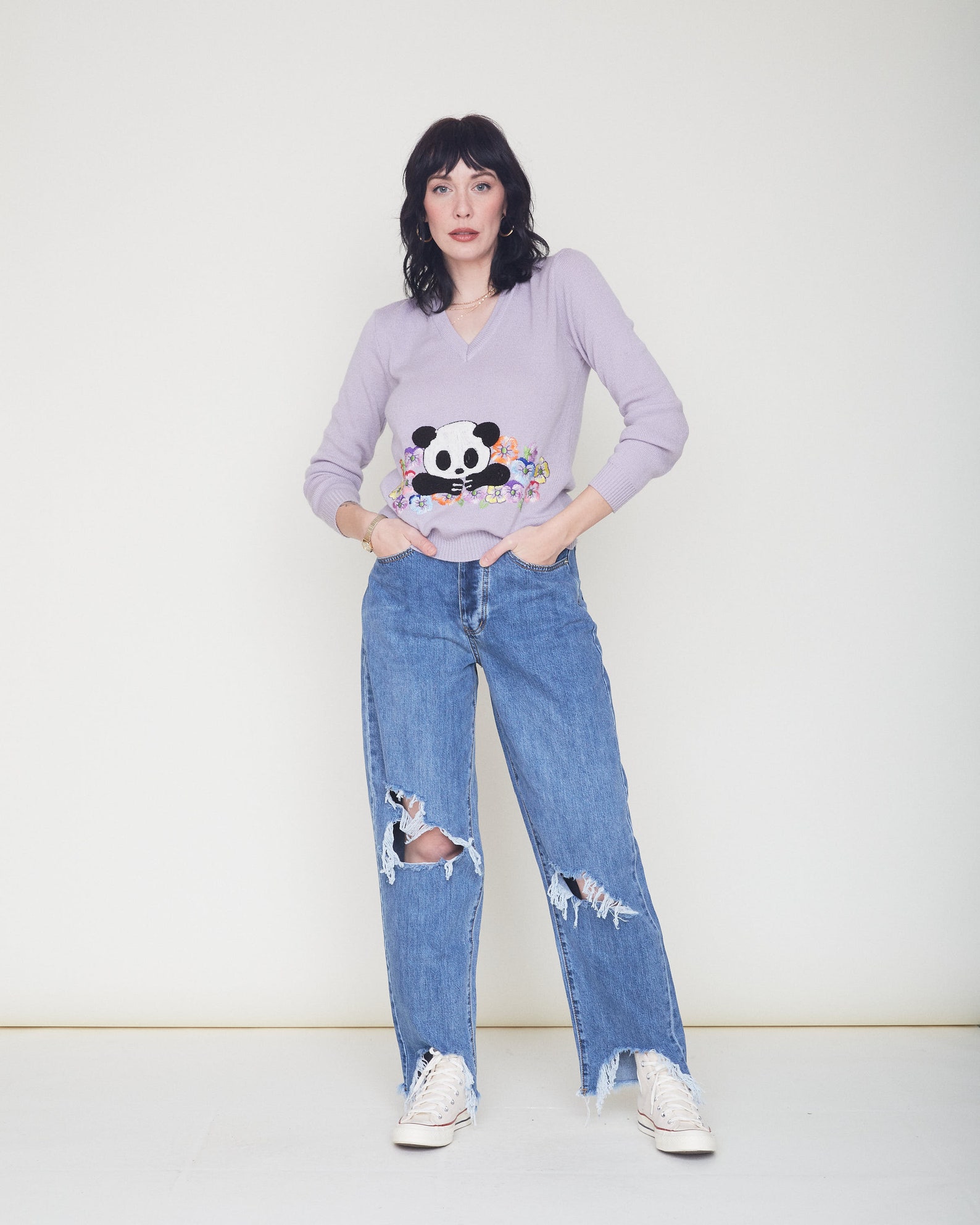 Vintage 70s Lavender V-neck Panda Pullover / Long Sleeve Embroidered ...