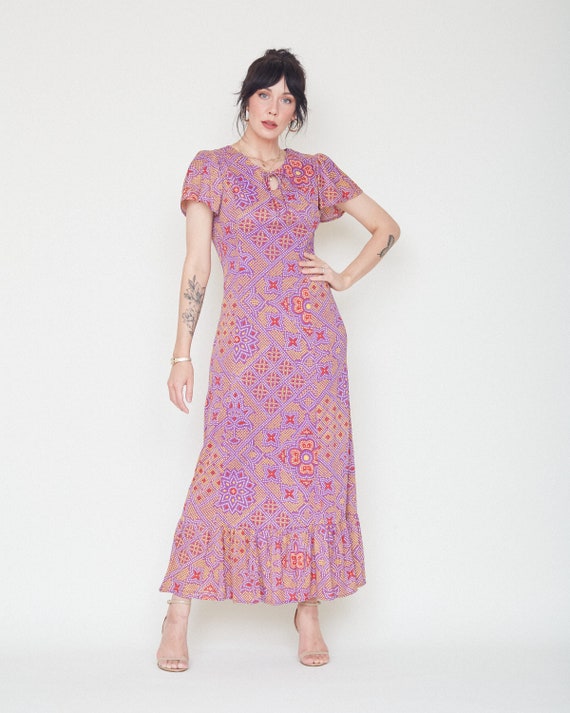 Vintage 70s Handmade Maxi Dress / Flutter Sleeve Long… - Gem