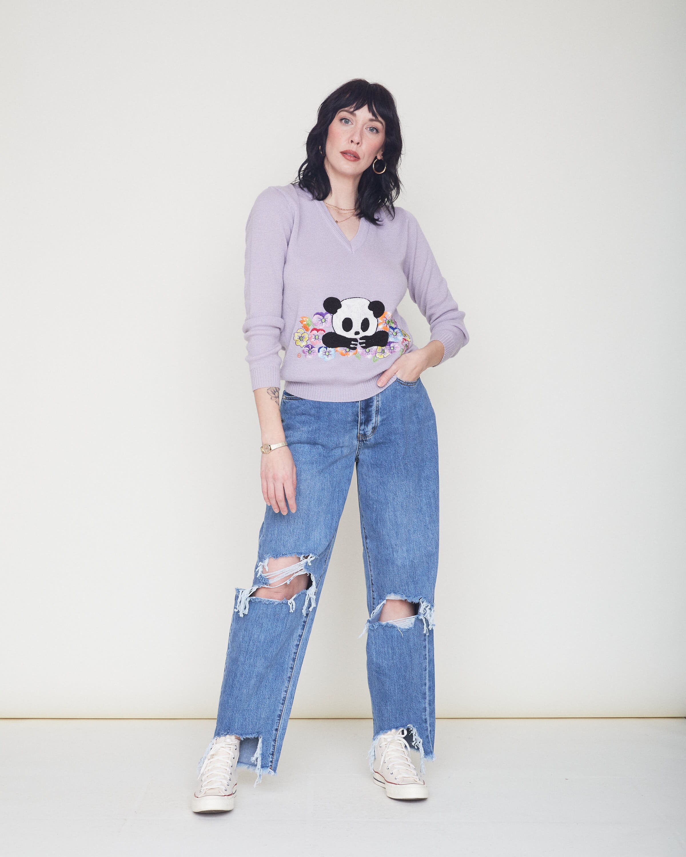 Vintage 70s Lavender V-neck Panda Pullover / Long Sleeve Embroidered ...