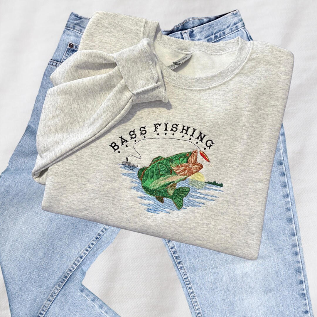 Embroidered Vintage Bass Fishing Outdoor Crewneck Sweater, Outdoor ...