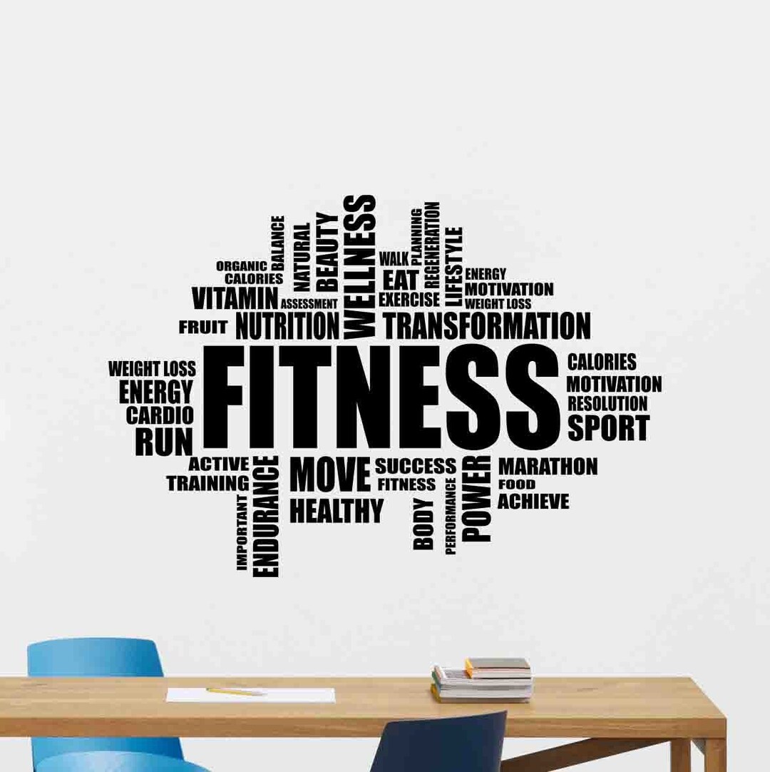 Fitness Vinyl Stickers Word Cloud Decal Gym Quote Removable Wall Decal ...