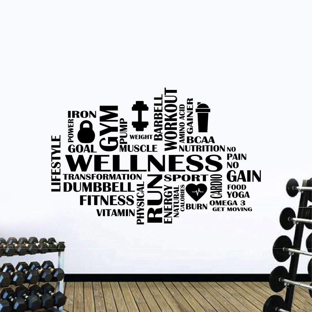 Gym Word Cloud Wall Decal Vinyl Sticker Wellness Motivation Quote Iron ...
