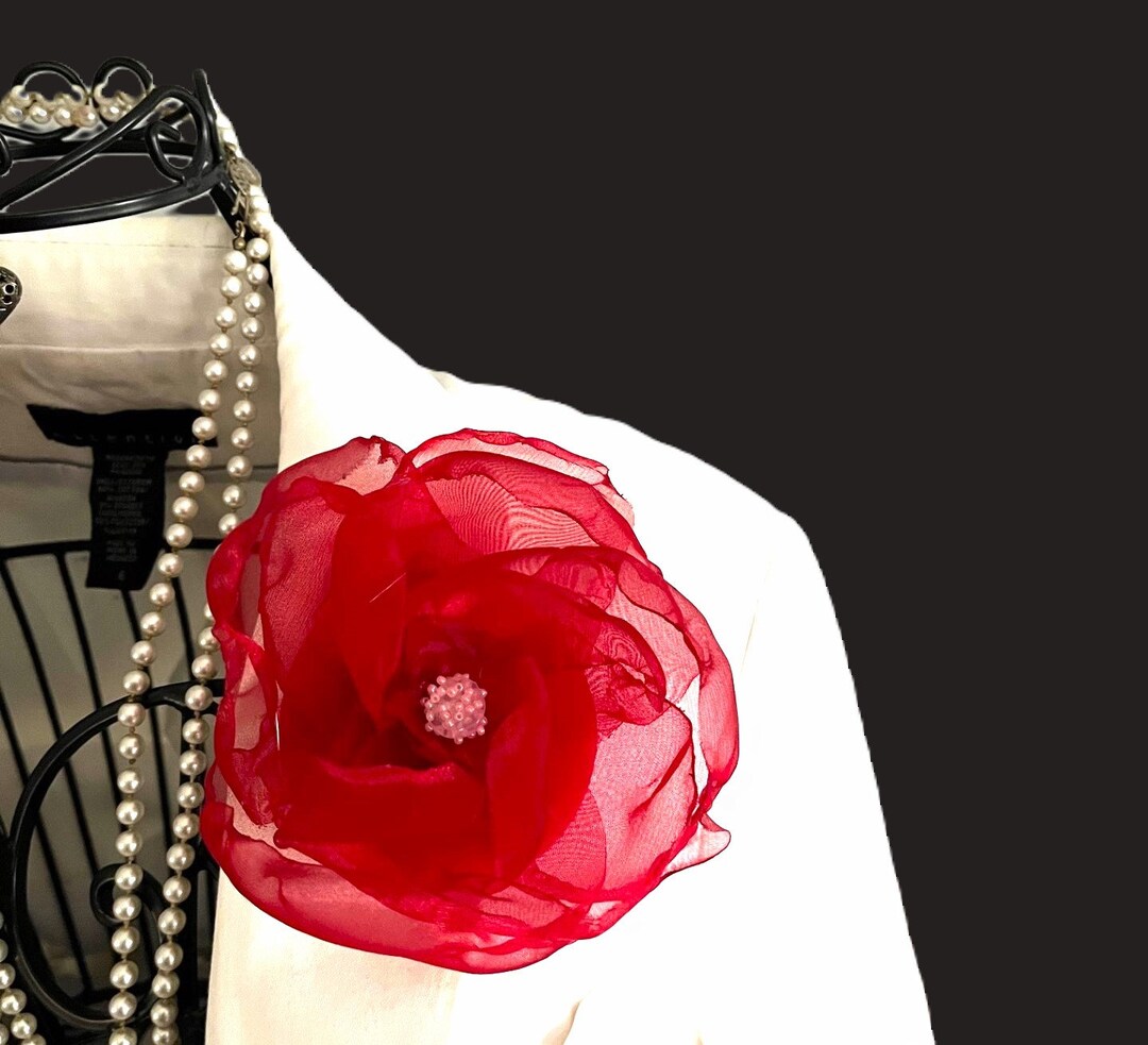 DST Flower Brooch//red and Pearl Corsage//red Flower Pin//red Organza ...