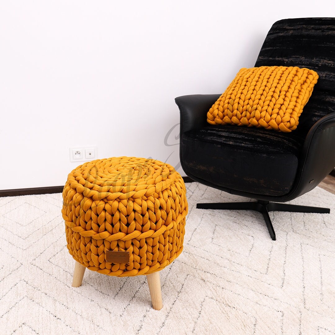 GREEN Knitted Pouf, Chunky Knit Pouffe, Round Knit Pouf, Knit Poof ...