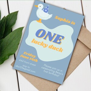 Invitación de primer cumpleaños de One Lucky Duck Editable / Blue Pond ...