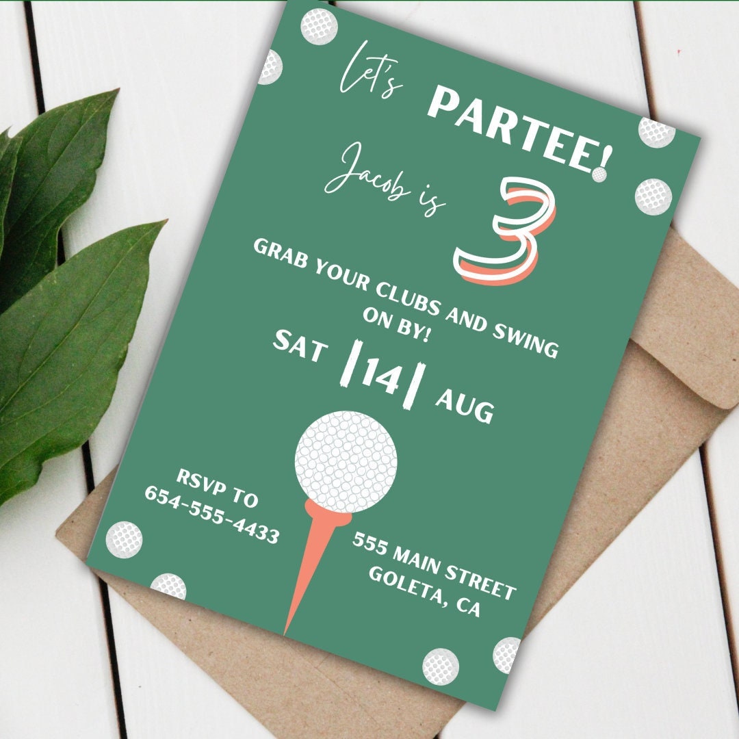 Let's "partee" Golf Birthday Editable Invitation | Green Golfball Tee ...