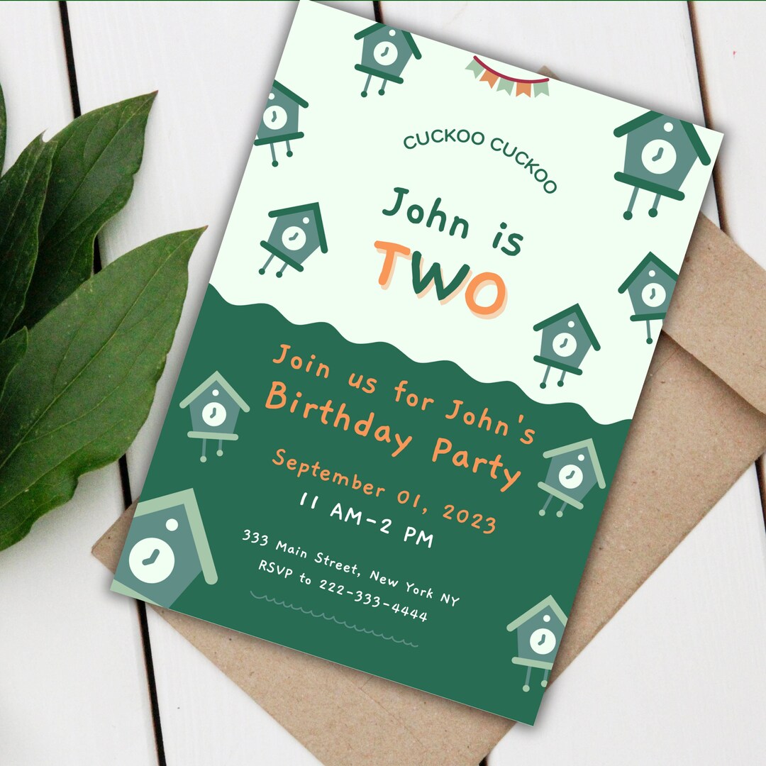 Cuckoo Clock Second Birthday Editable Invitation | Green Time-theme ...