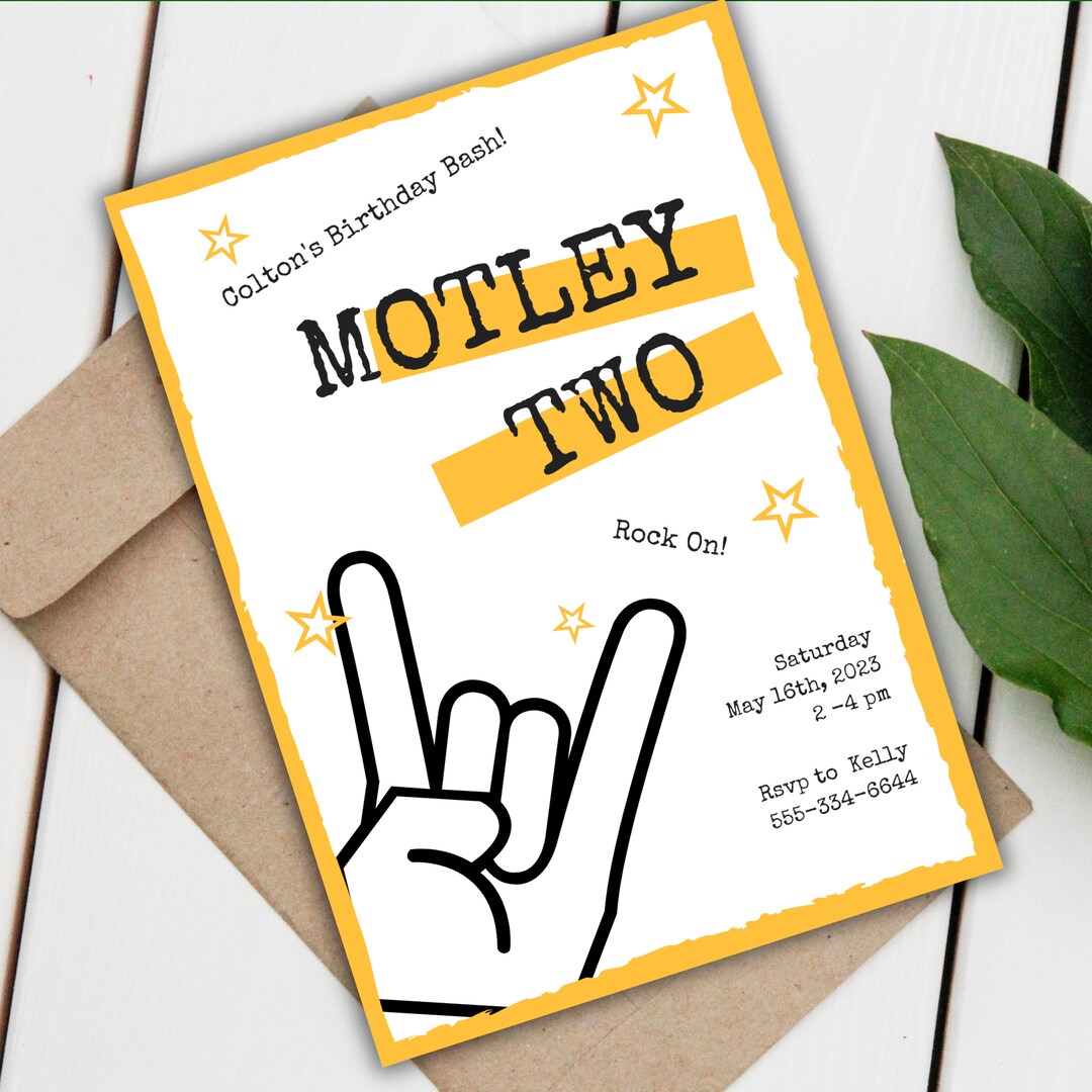 Rock N Roll Motley Two Second Birthday Editable Invitation | Yellow ...
