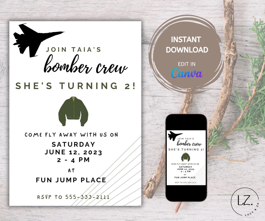 Bomber Crew Jet Plane Editable Birthday Invitation | Turning Two Top ...