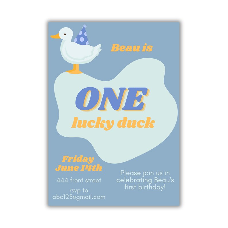 Invitación de primer cumpleaños de One Lucky Duck Editable / Blue Pond ...