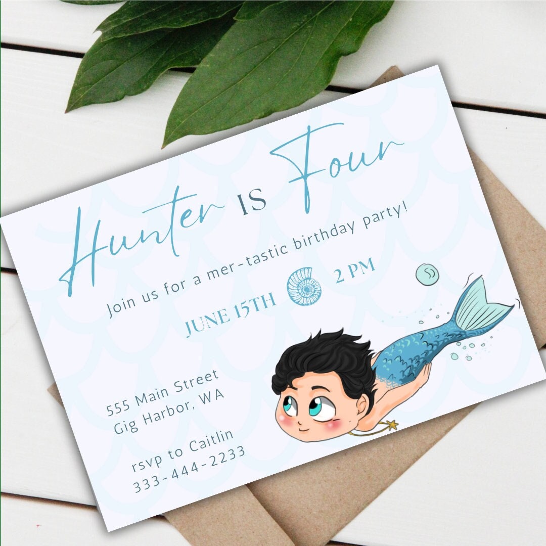 Merman Mermaid Under the Sea Birthday Editable Invitation | Ocean 7x5 ...